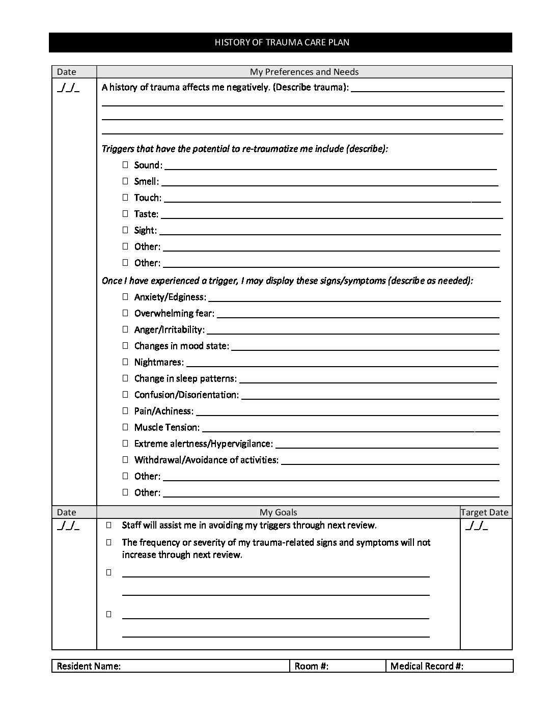History of Trauma i Care Plan Word - The Compliance Store